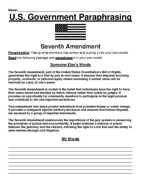 Us Government Seventh Amendment Paraphrasing Worksheet Classful