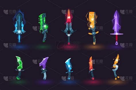 游戏的剑。卡通各种游戏武器，具有不同的颜色和特点，用于玩动作。火或魔法毒刃。战斗用大刀和军刀。向量库素材 花瓣网
