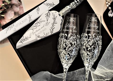 Silver Wedding Champagne Flutes And Cake Knife Set For Bride And Groom