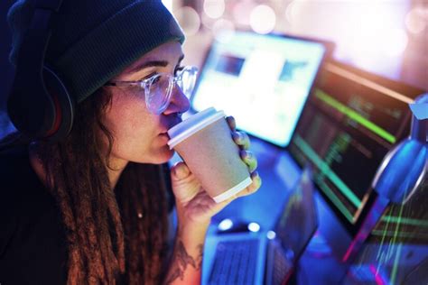 Premium Photo Computer Coffee Or Woman Hacker In Dark Room At Night