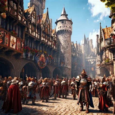 A Medieval Castle Scene On A Busy City Street With Knights And Stock