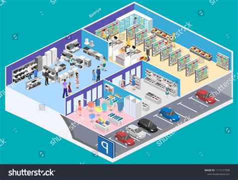 Isometric Interior Shopping Mall Grocery Computer Stock Vector Royalty