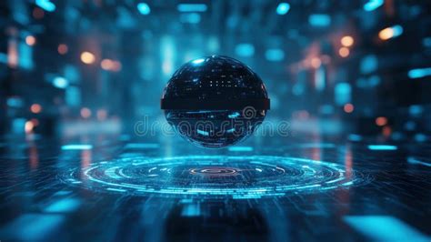 Futuristic Floating Sphere In Digital Data Labyrinth With Neon Lights