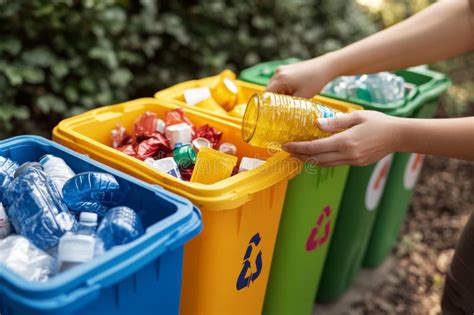Hands Sorting Recyclables Into Labeled Bins Eco Friendly Theme Stock