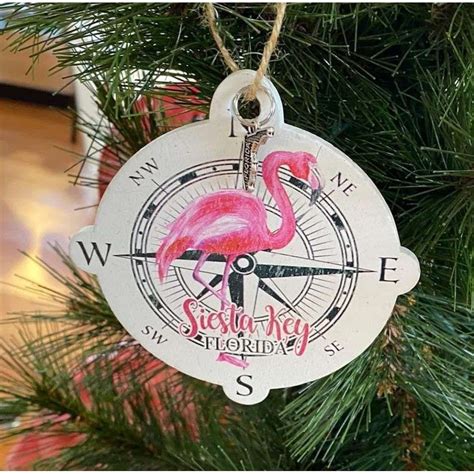 Siesta Key Flamingo Wood Ornament Compass Gulf Coast Artists