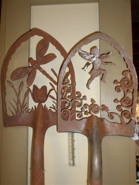 Beautiful Intricately Carved Garden Shovels W Rain Gauge Tube Metal