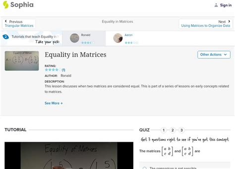 sophia equality in matrices instructional video for 9th 10th grade