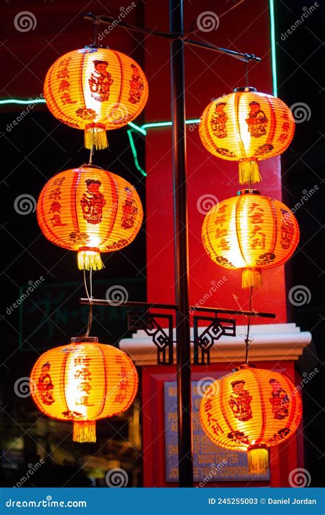 Six Beautiful Chinese Lanterns Hanging In The China Town Night Time