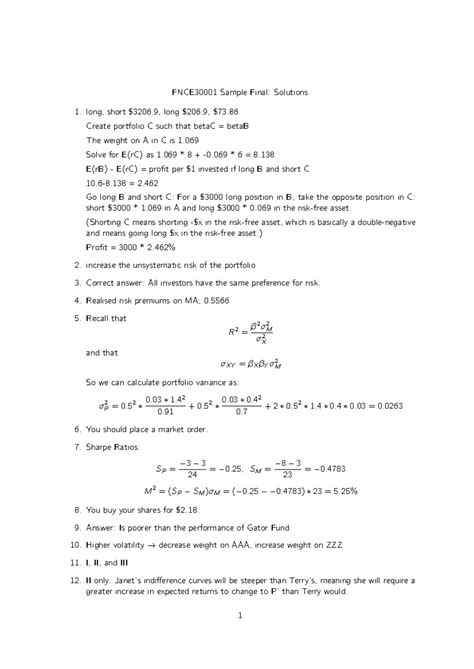 Samplefinal Solutions Fnce30001 Sample Final Solutions Long Short