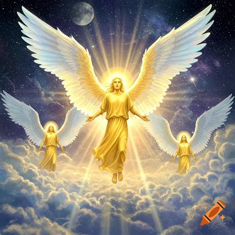 Three Glowing Angels With Large White Wings And Golden Robes Float