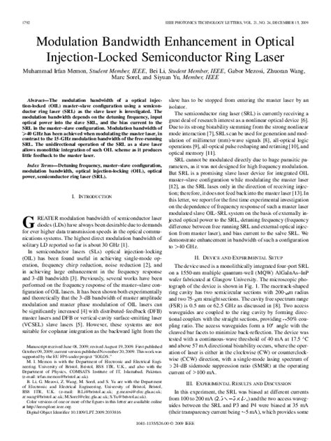 Pdf Modulation Bandwidth Enhancement In Optical Injection Locked Semiconductor Ring Laser