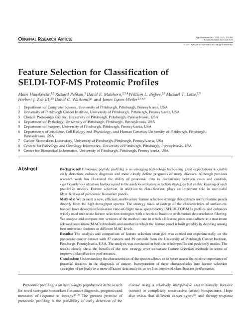 pdf feature selection for classification of seldi tof ms proteomic