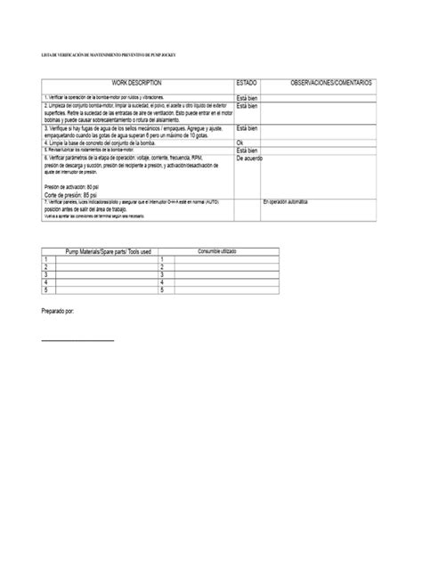 Lista De Verificación De Mantenimiento Preventivo De La Bomba De Jockey