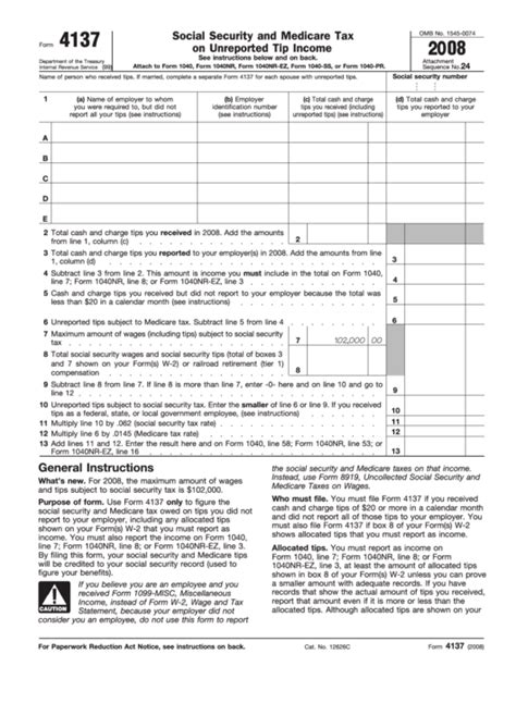 Fillable Form 4137 Social Security And Medicare Tax On Unreported Tip