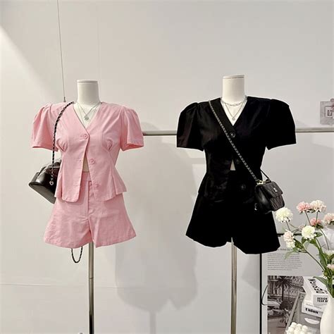 이프유마인 자켓반바지set페미닌 여름 러스크 린넨 노카라 브이넥 벌룬 퍼프 반팔 크롭 숏 자켓 밴딩 하이웨스트 핀턱 와이드 반바지 숏팬츠 투피스 세트 3color