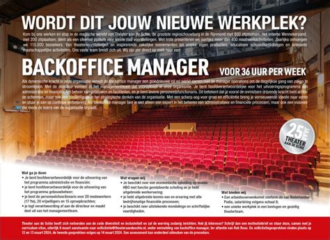Theater Aan De Schie Is Op Zoek Naar Een Backoffice Manager Voor 36 Uur In De Week Theater