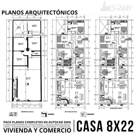 Descarga Casa 176m2 8m X 22m Planos Completos En Autocad Dwg Vivienda Y Comercio