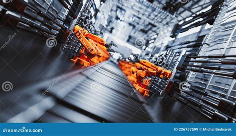 Robotic Arms Along Assembly Line In Modern Factory Stock Illustration Illustration Of Automate