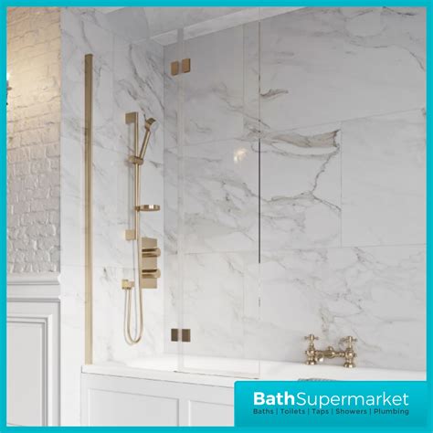 Brushed Brass Double Panel 8mm Glass Bath Screen Inward And Outward Opening 1500mm Bath Supermarket