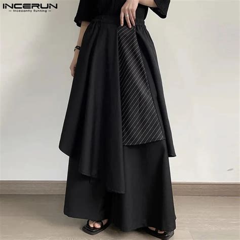 Incerun Mens Irregular Skirts Striped Patchwork Elastic Waist Casual