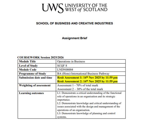 Lndn08004 Operations In Business Assignment Brief Resit T1 25 26 Uws