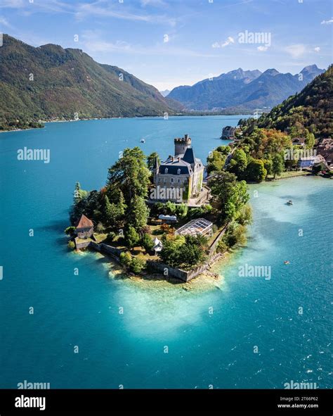 Aerial View Of Duingt Castle Or Chateau De Duingt In Annecy Lake Haute