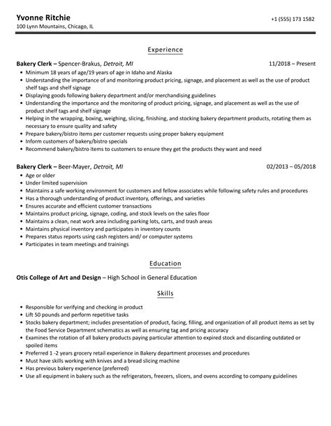 Bakery Clerk Resume Samples Velvet Jobs