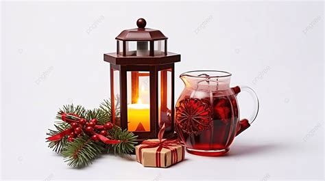 Glass Of Christmas Mulled Wine With T Box And Lantern Isolated On