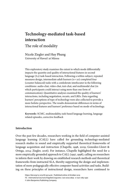 Pdf Technology Mediated Task Based Interaction The Role Of Modality