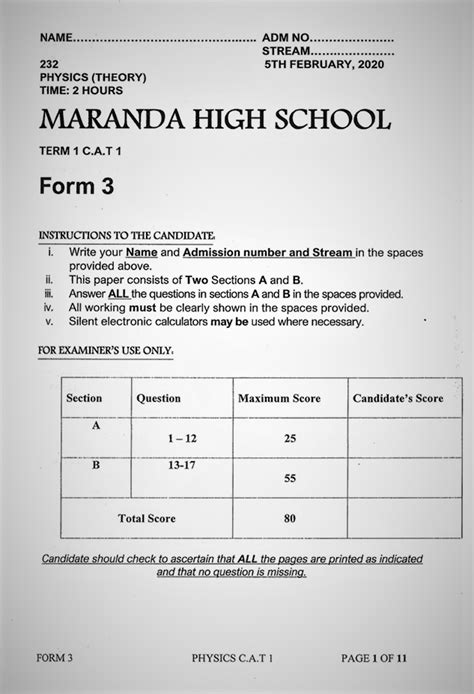 Maranda Physics Form 3 Theory Mid Term 1 2020 Past Paper