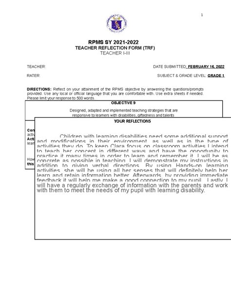 Trf 10 Teacher Reflection Formteacher Reflection Form Teacher