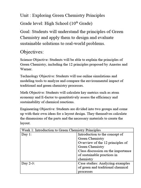 Stem Unit Plan Pdf Green Chemistry Chemistry