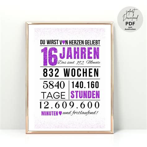 16 Geburtstag Poster Lila Du Wirst Geliebt Monate Wochen Tage