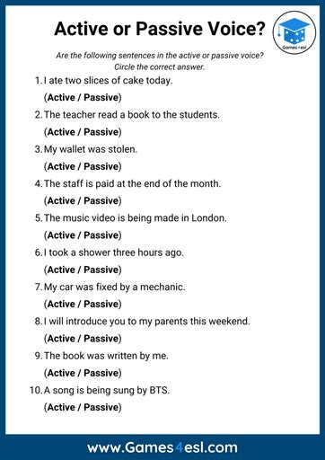Active Or Passive Voice Quiz With Free Pdf Games4esl Worksheets