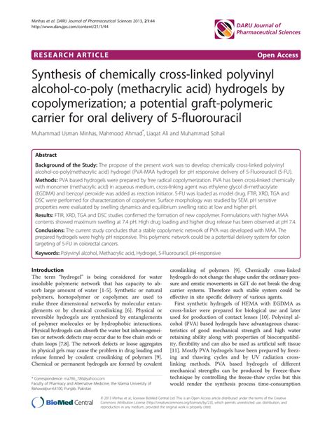 Pdf Synthesis Of Chemically Cross Linked Polyvinyl Alcohol Co Poly Methacrylic Acid
