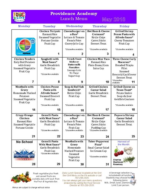 17 18may Lunch Menu Providence Academy