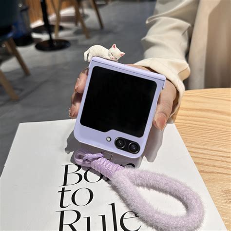 Korean Cute Purple White Cat Plush Portable Rope Phone Case For Samsung Galaxy Z Flip 5 6 Z