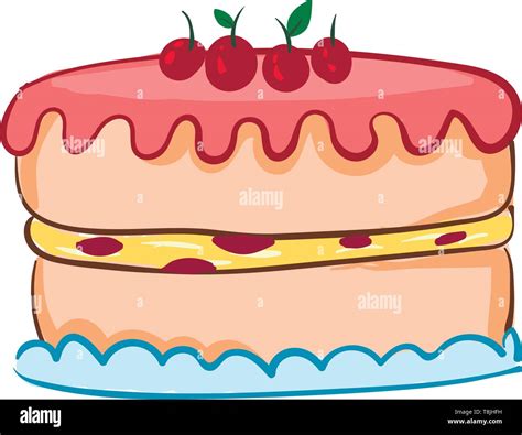 Drawing Of A Round Cake With Pink Frosting On Top And Cherries With