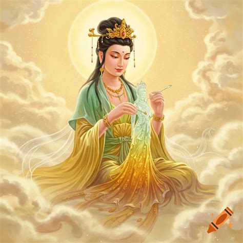 A Vibrant Illustration Of The Chinese Goddess Nuwa Sitting In Golden
