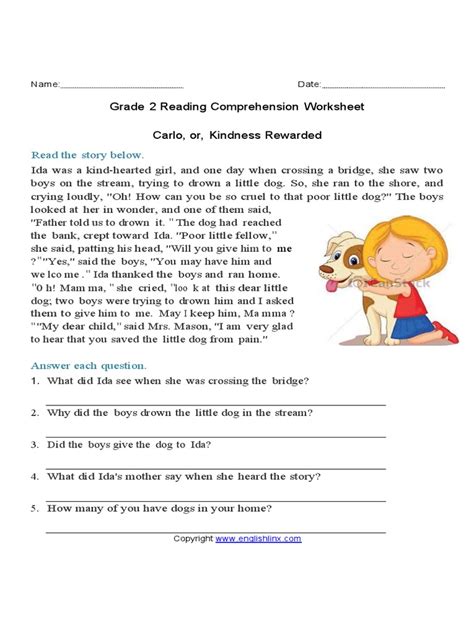 Grade 2 Reading Comprehension Worksheet Carlo Or Kindness Rewarded Pdf