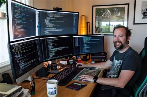 Programmer Working On Multiple Screens At Home Premium Ai Generated Image