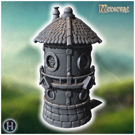 🪵 Round Stone Tower With Conical Tiled Roof Ornate Balcony Wooden