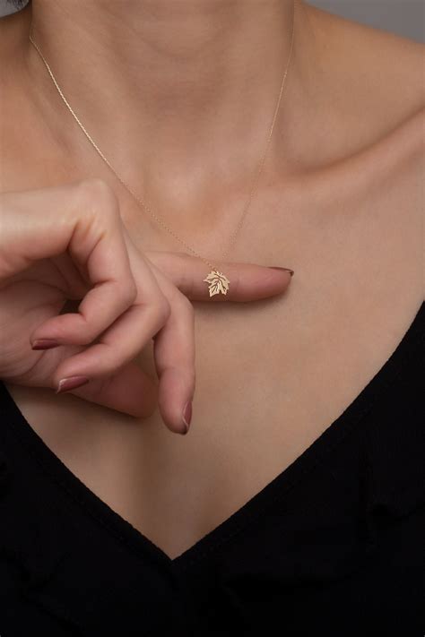 Tiny Maple Leaf Necklace 14k Solid Gold Chain Necklace With Etsy