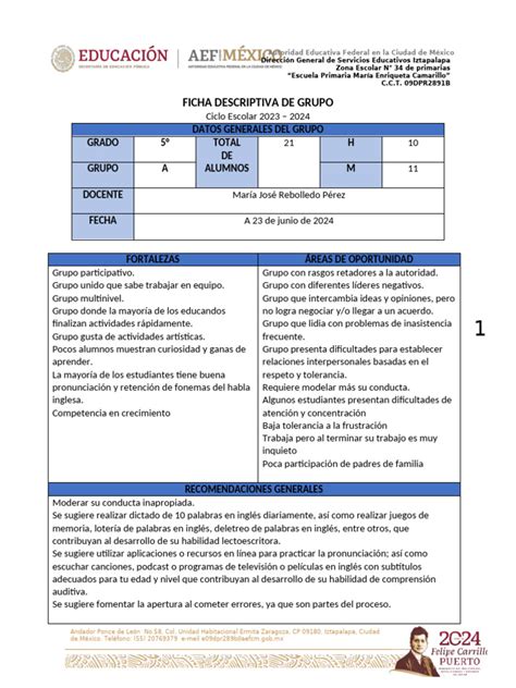 Ficha Descriptiva Grupal Pdf México Educación Primaria