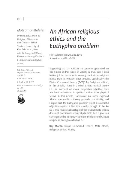 Pdf An African Religious Ethics And The Euthyphro Problem