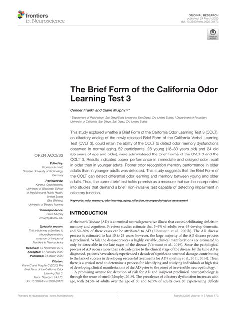 Pdf The Brief Form Of The California Odor Learning Test 3