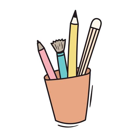Vector Doodle School Cup Icon With Stationery Pens And Pencils