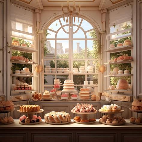 A Window With A View Of A Bakery With A Cake Display In The Window