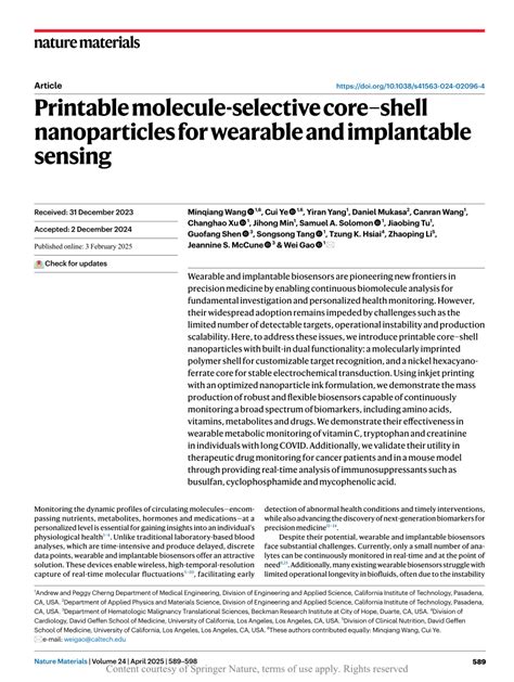 Printable Molecule Selective Core Shell Nanoparticles For Wearable And Implantable Sensing