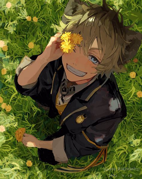 Safebooru 1boy Blue Eyes Blue Jacket Dandelion Flower Flower Over Eye